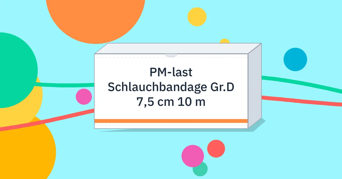Symbolbild: Packung mit der Aufschrift PM-last Schlauchbandage Gr.D 7,5 cm 10 m (PZN 18845910) – Verfügbarkeit und Bezug in Apotheken in Frankfurt am Main