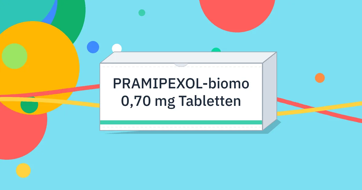Symbolbild: Packung mit der Aufschrift PRAMIPEXOL-biomo 0,70 mg Tabletten (PZN 07519745) – Verfügbarkeit und Bezug in Apotheken in Frankfurt am Main