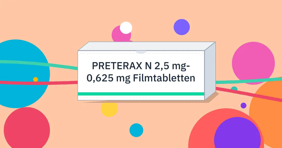 Symbolbild: Packung mit der Aufschrift PRETERAX N 2,5 mg-0,625 mg Filmtabletten (PZN 01422996) – Verfügbarkeit und Bezug in Apotheken in Frankfurt am Main