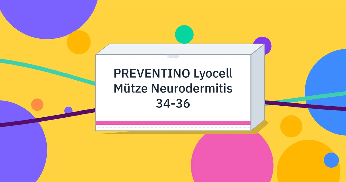 Symbolbild: Packung mit der Aufschrift PREVENTINO Lyocell Mütze Neurodermitis 34-36 (PZN 16895335) – Verfügbarkeit und Bezug in Apotheken in Frankfurt am Main