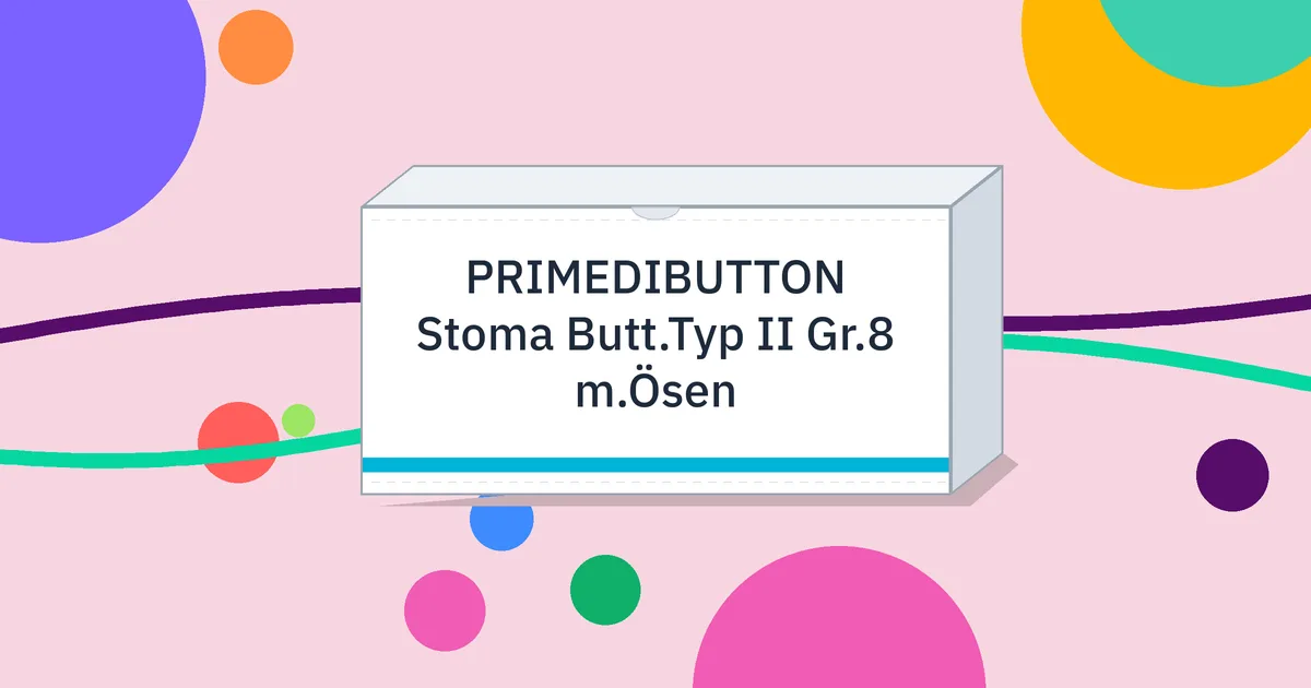 Symbolbild: Packung mit der Aufschrift PRIMEDIBUTTON Stoma Butt.Typ II Gr.8 m.Ösen (PZN 10791238) – Verfügbarkeit und Bezug in Apotheken in Frankfurt am Main