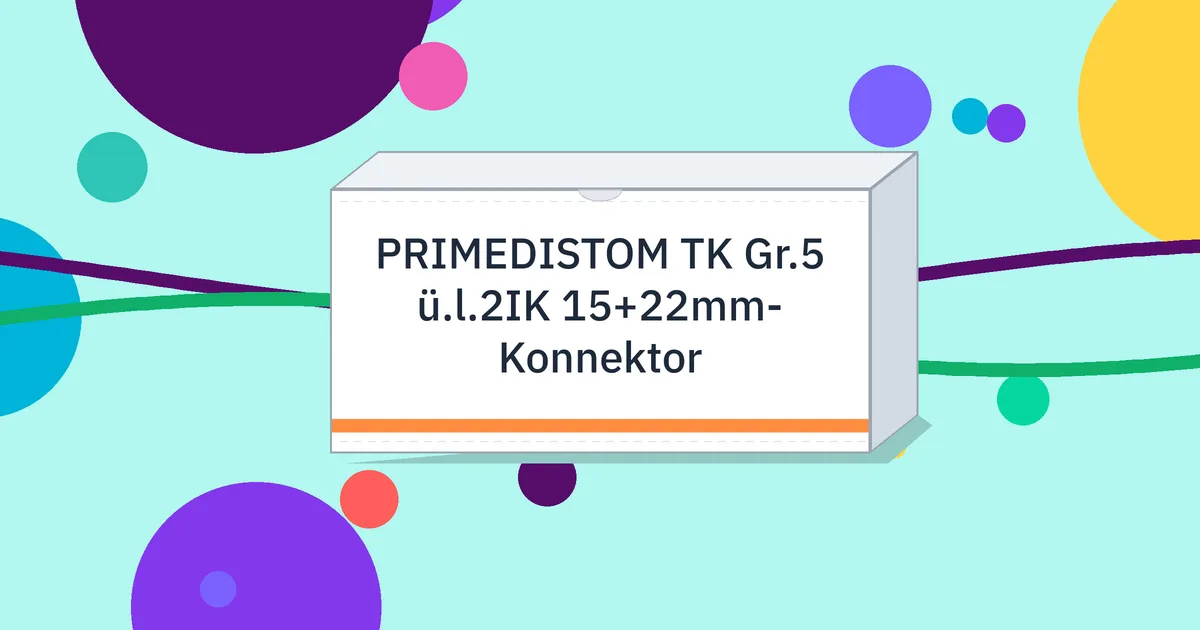 Symbolbild: Packung mit der Aufschrift PRIMEDISTOM TK Gr.5 ü.l.2IK 15+22mm-Konnektor (PZN 10928074) – Verfügbarkeit und Bezug in Apotheken in Frankfurt am Main
