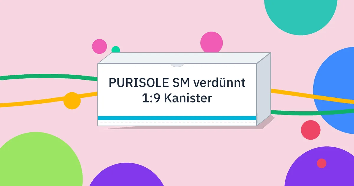 Symbolbild: Packung mit der Aufschrift PURISOLE SM verdünnt 1:9 Kanister (PZN 01362834) – Verfügbarkeit und Bezug in Apotheken in Frankfurt am Main