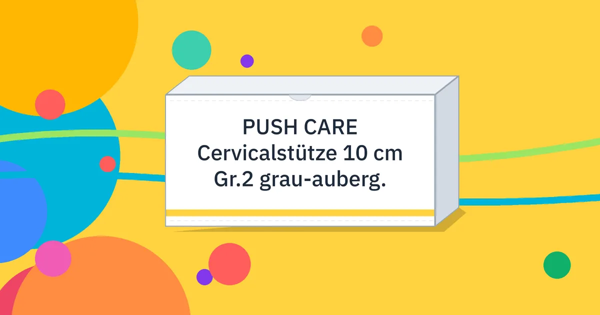Symbolbild: Packung mit der Aufschrift PUSH CARE Cervicalstütze 10 cm Gr.2 grau-auberg. (PZN 04859469) – Verfügbarkeit und Bezug in Apotheken in Frankfurt am Main