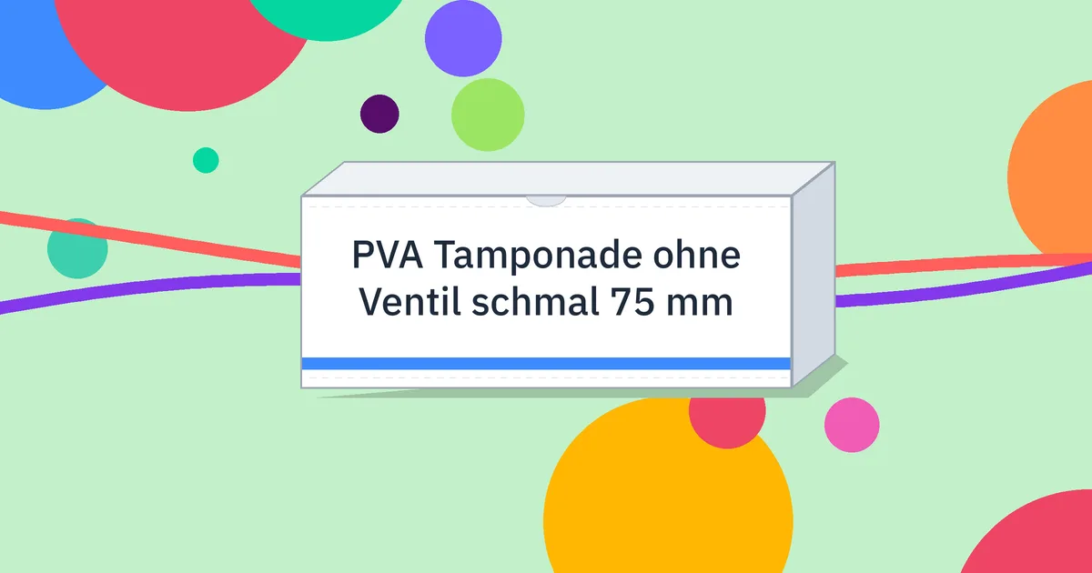 Symbolbild: Packung mit der Aufschrift PVA Tamponade ohne Ventil schmal 75 mm (PZN 20642930) – Verfügbarkeit und Bezug in Apotheken in Frankfurt am Main