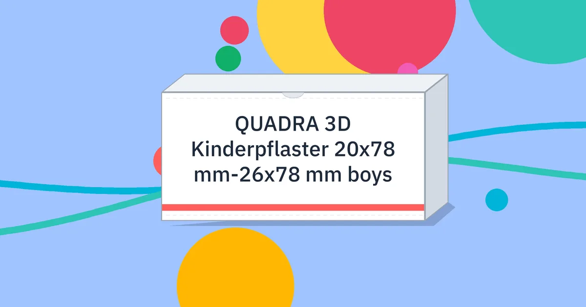 Symbolbild: Packung mit der Aufschrift QUADRA 3D Kinderpflaster 20x78 mm-26x78 mm boys (PZN 20047512) – Verfügbarkeit und Bezug in Apotheken in Frankfurt am Main