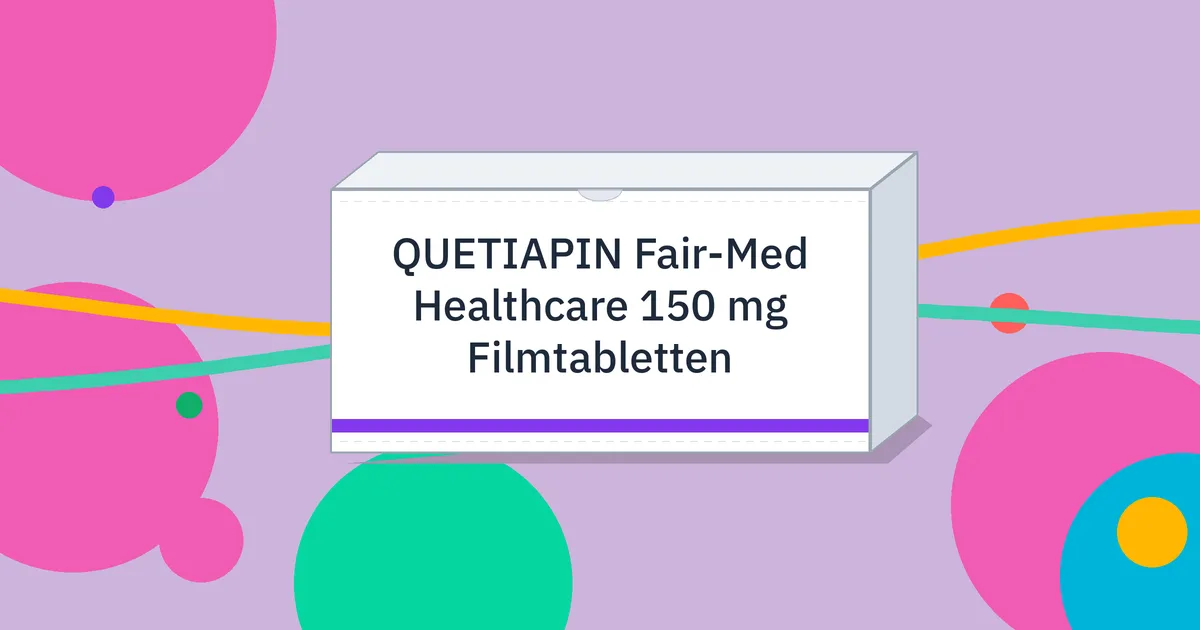 Symbolbild: Packung mit der Aufschrift QUETIAPIN Fair-Med Healthcare 150 mg Filmtabletten (PZN 14167815) – Verfügbarkeit und Bezug in Apotheken in Frankfurt am Main