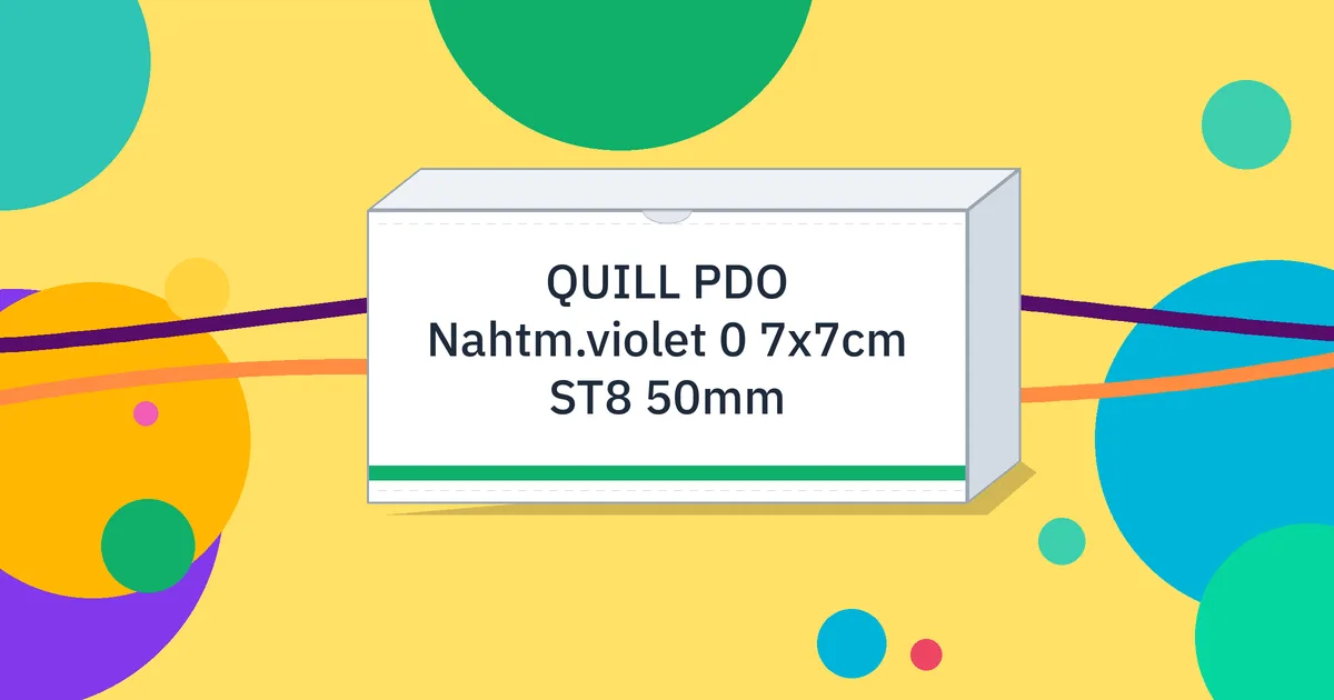 Symbolbild: Packung mit der Aufschrift QUILL PDO Nahtm.violet 0 7x7cm ST8 50mm (PZN 17989469) – Verfügbarkeit und Bezug in Apotheken in Frankfurt am Main