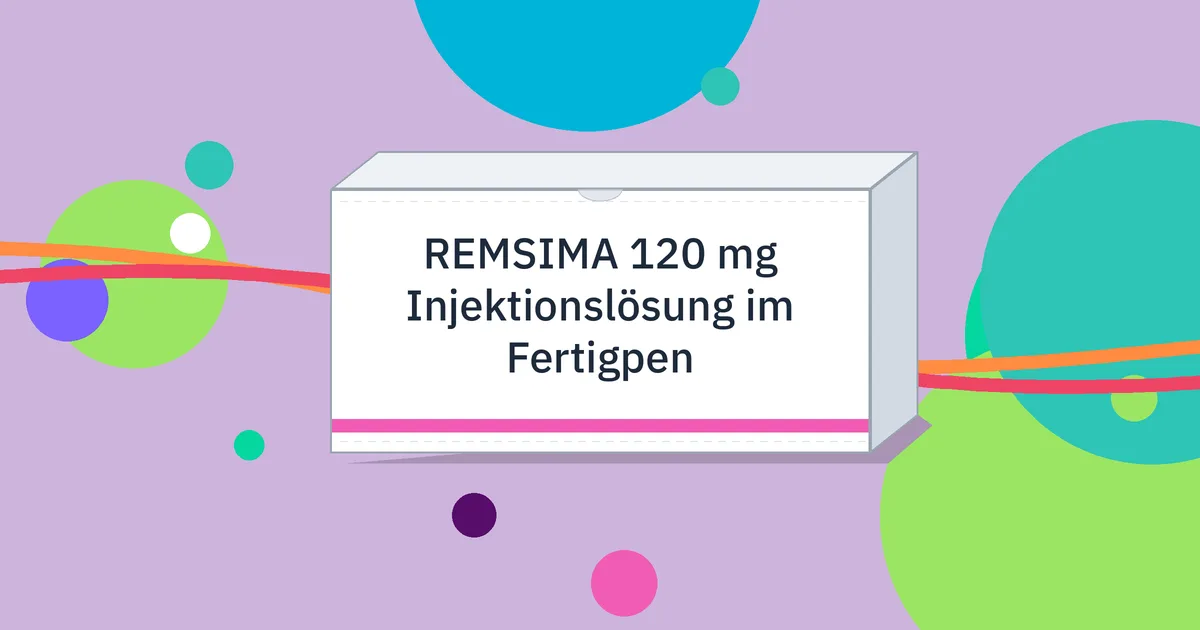 Symbolbild: Packung mit der Aufschrift REMSIMA 120 mg Injektionslösung im Fertigpen (PZN 17196289) – Verfügbarkeit und Bezug in Apotheken in Frankfurt am Main