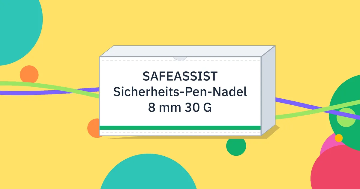Symbolbild: Packung mit der Aufschrift SAFEASSIST Sicherheits-Pen-Nadel 8 mm 30 G (PZN 20869674) – Verfügbarkeit und Bezug in Apotheken in Frankfurt am Main