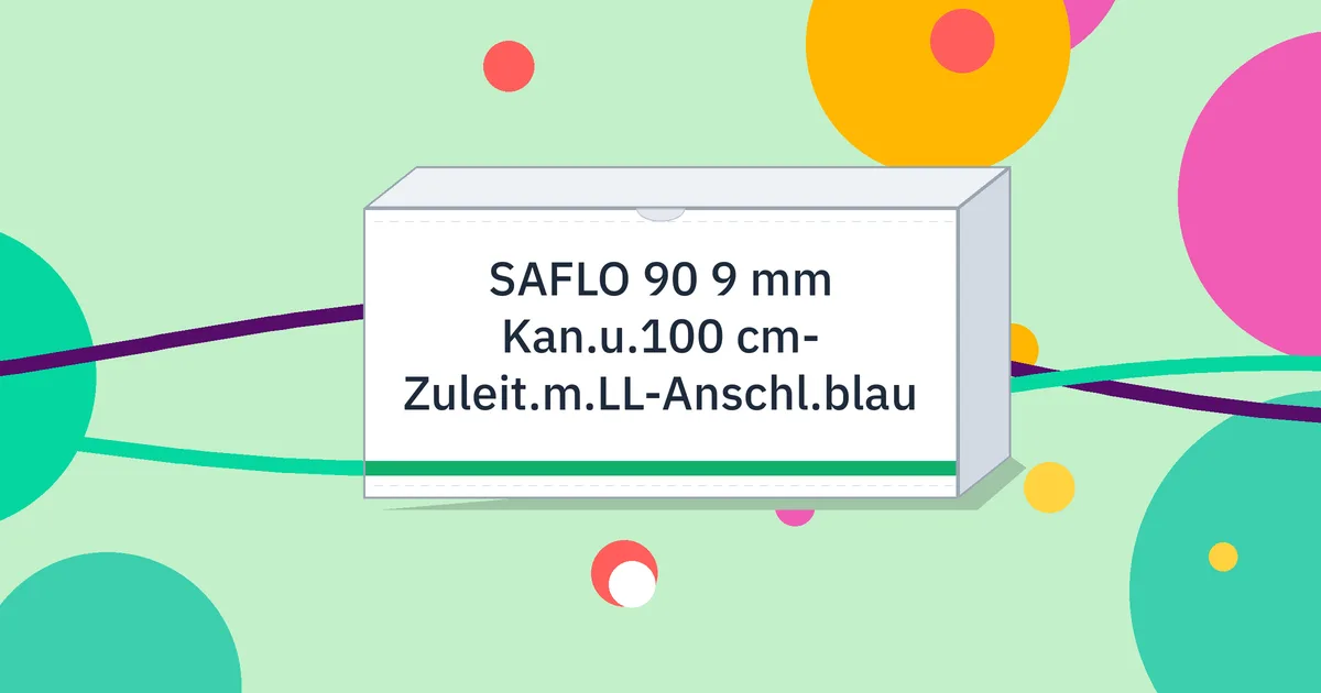 Symbolbild: Packung mit der Aufschrift SAFLO 90 9 mm Kan.u.100 cm-Zuleit.m.LL-Anschl.blau (PZN 13346148) – Verfügbarkeit und Bezug in Apotheken in Frankfurt am Main