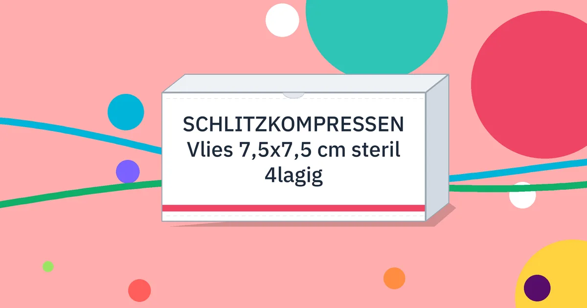 Symbolbild: Packung mit der Aufschrift SCHLITZKOMPRESSEN Vlies 7,5x7,5 cm steril 4lagig (PZN 17549687) – Verfügbarkeit und Bezug in Apotheken in Frankfurt am Main
