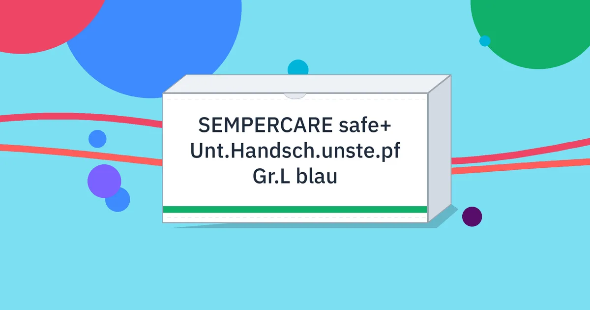 Symbolbild: Packung mit der Aufschrift SEMPERCARE safe+ Unt.Handsch.unste.pf Gr.L blau (PZN 19342275) – Verfügbarkeit und Bezug in Apotheken in Frankfurt am Main