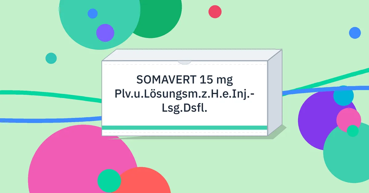 Symbolbild: Packung mit der Aufschrift SOMAVERT 15 mg Plv.u.Lösungsm.z.H.e.Inj.-Lsg.Dsfl. (PZN 09508384) – Verfügbarkeit und Bezug in Apotheken in Frankfurt am Main