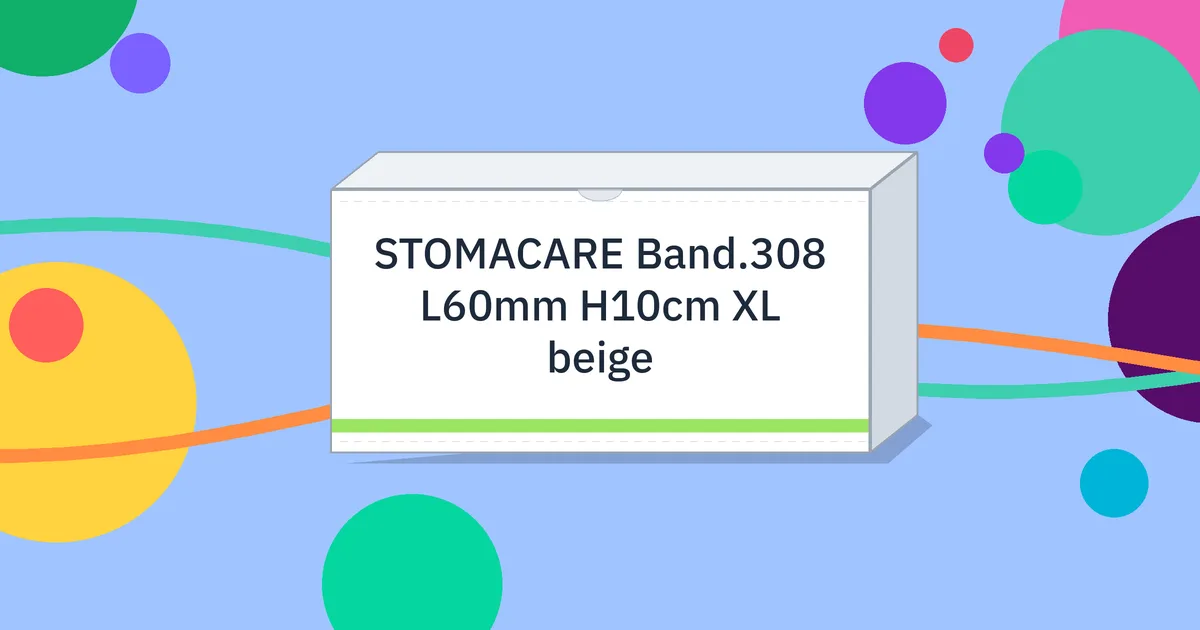 Symbolbild: Packung mit der Aufschrift STOMACARE Band.308 L60mm H10cm XL beige (PZN 10840497) – Verfügbarkeit und Bezug in Apotheken in Frankfurt am Main
