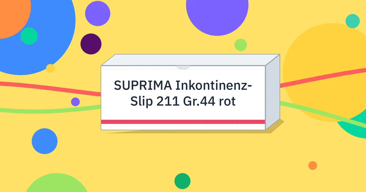 Symbolbild: Packung mit der Aufschrift SUPRIMA Inkontinenz-Slip 211 Gr.44 rot (PZN 00710150) – Verfügbarkeit und Bezug in Apotheken in Frankfurt am Main