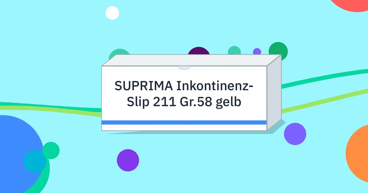 Symbolbild: Packung mit der Aufschrift SUPRIMA Inkontinenz-Slip 211 Gr.58 gelb (PZN 00708704) – Verfügbarkeit und Bezug in Apotheken in Frankfurt am Main
