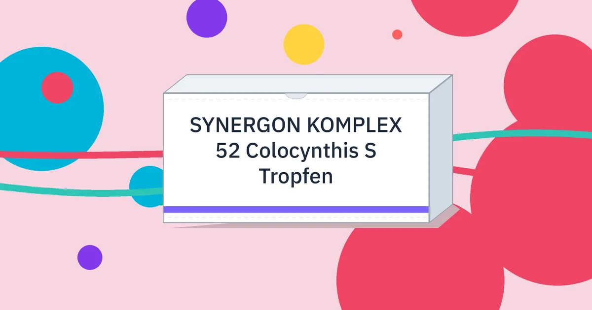 Symbolbild: Packung mit der Aufschrift SYNERGON KOMPLEX 52 Colocynthis S Tropfen (PZN 19874635) – Verfügbarkeit und Bezug in Apotheken in Frankfurt am Main