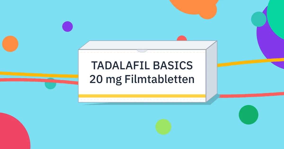 Symbolbild: Packung mit der Aufschrift TADALAFIL BASICS 20 mg Filmtabletten (PZN 14131154) – Verfügbarkeit und Bezug in Apotheken in Frankfurt am Main