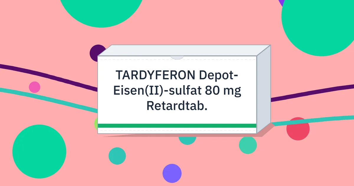 Symbolbild: Packung mit der Aufschrift TARDYFERON Depot-Eisen(II)-sulfat 80 mg Retardtab. (PZN 11313015) – Verfügbarkeit und Bezug in Apotheken in Frankfurt am Main