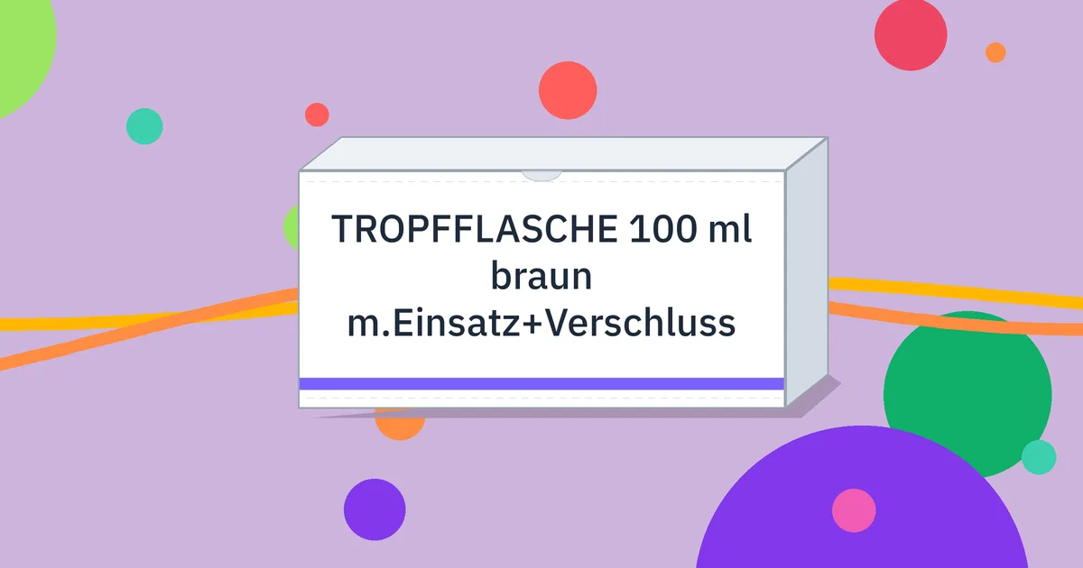 Symbolbild: Packung mit der Aufschrift TROPFFLASCHE 100 ml braun m.Einsatz+Verschluss (PZN 10189429) – Verfügbarkeit und Bezug in Apotheken in Frankfurt am Main