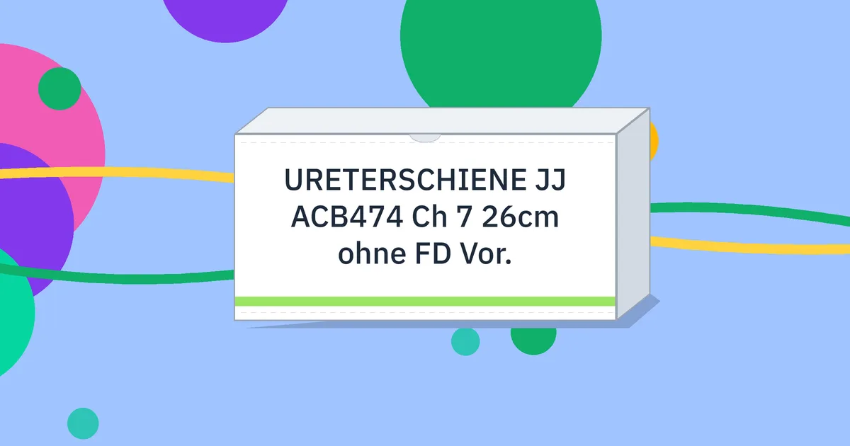 Symbolbild: Packung mit der Aufschrift URETERSCHIENE JJ ACB474 Ch 7 26cm ohne FD Vor. (PZN 02083243) – Verfügbarkeit und Bezug in Apotheken in Frankfurt am Main