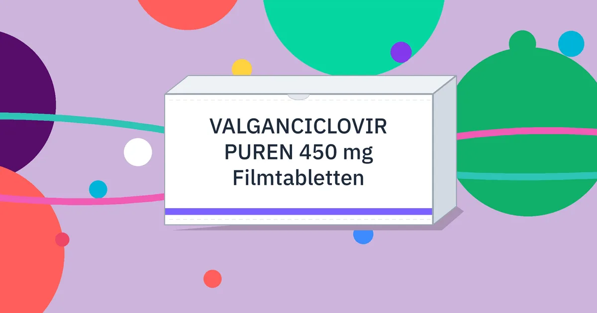 Symbolbild: Packung mit der Aufschrift VALGANCICLOVIR PUREN 450 mg Filmtabletten (PZN 14305803) – Verfügbarkeit und Bezug in Apotheken in Frankfurt am Main