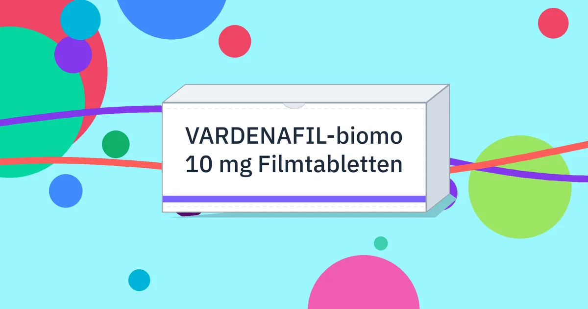 Symbolbild: Packung mit der Aufschrift VARDENAFIL-biomo 10 mg Filmtabletten (PZN 14413160) – Verfügbarkeit und Bezug in Apotheken in Frankfurt am Main