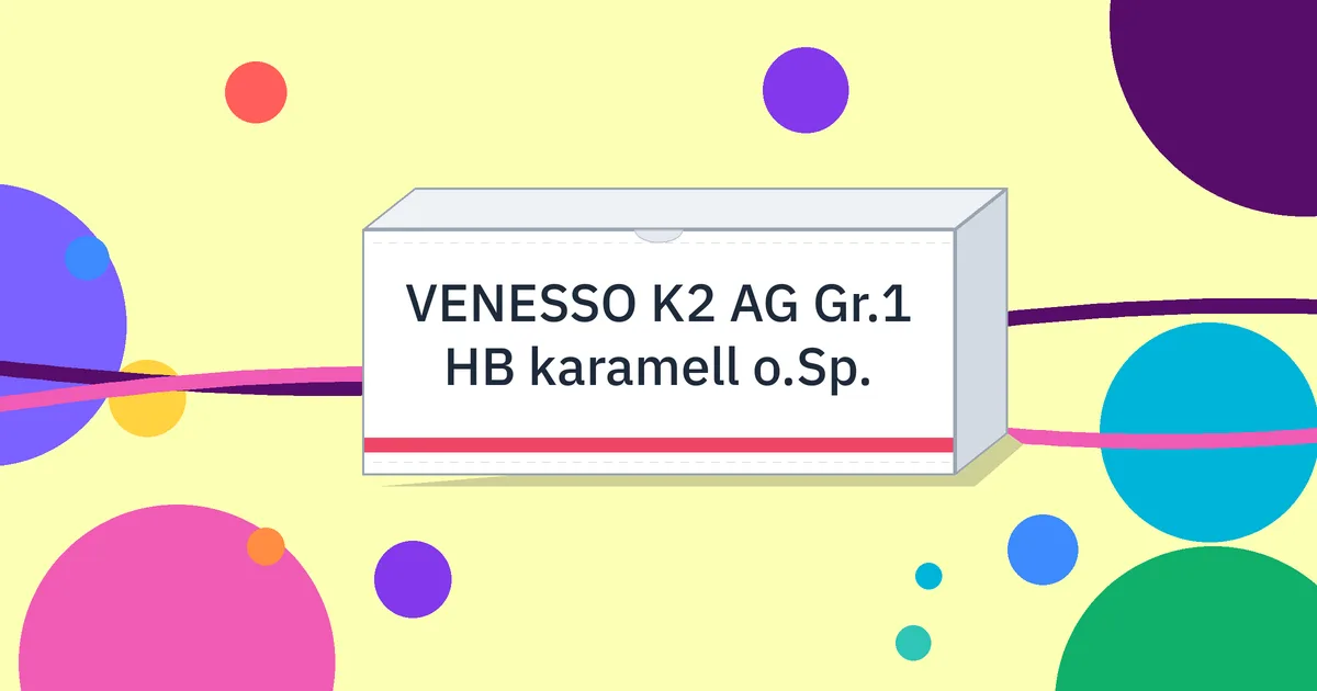 Symbolbild: Packung mit der Aufschrift VENESSO K2 AG Gr.1 HB karamell o.Sp. (PZN 13758282) – Verfügbarkeit und Bezug in Apotheken in Frankfurt am Main