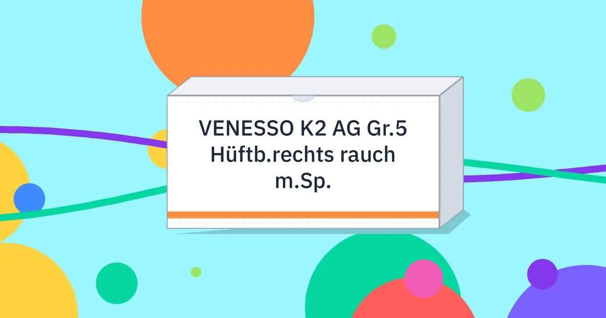 Symbolbild: Packung mit der Aufschrift VENESSO K2 AG Gr.5 Hüftb.rechts rauch m.Sp. (PZN 03274583) – Verfügbarkeit und Bezug in Apotheken in Frankfurt am Main