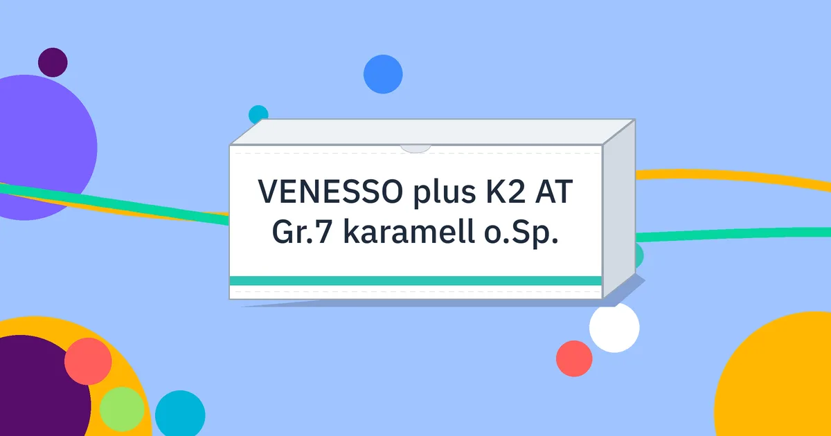 Symbolbild: Packung mit der Aufschrift VENESSO plus K2 AT Gr.7 karamell o.Sp. (PZN 13758709) – Verfügbarkeit und Bezug in Apotheken in Frankfurt am Main