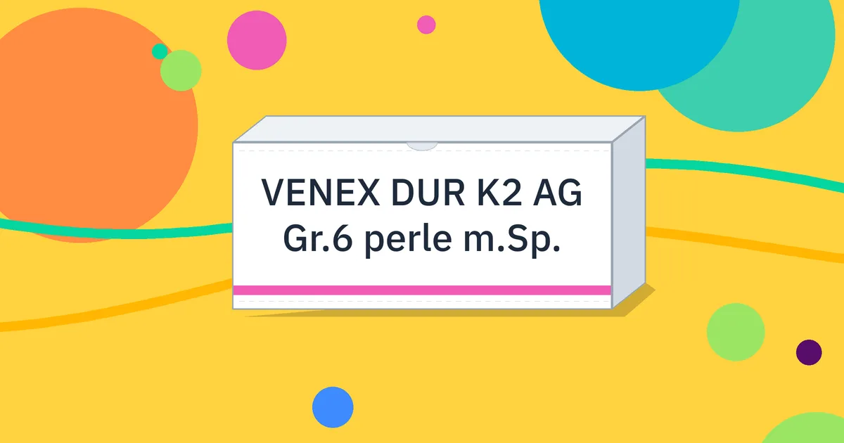 Symbolbild: Packung mit der Aufschrift VENEX DUR K2 AG Gr.6 perle m.Sp. (PZN 03213481) – Verfügbarkeit und Bezug in Apotheken in Frankfurt am Main