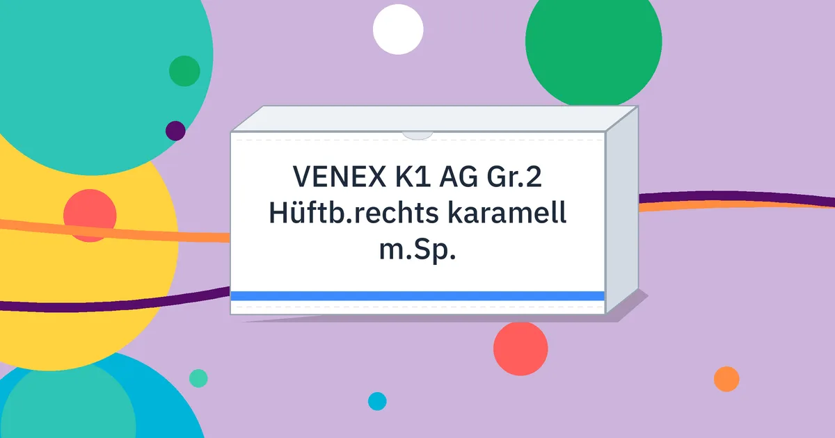 Symbolbild: Packung mit der Aufschrift VENEX K1 AG Gr.2 Hüftb.rechts karamell m.Sp. (PZN 13760818) – Verfügbarkeit und Bezug in Apotheken in Frankfurt am Main