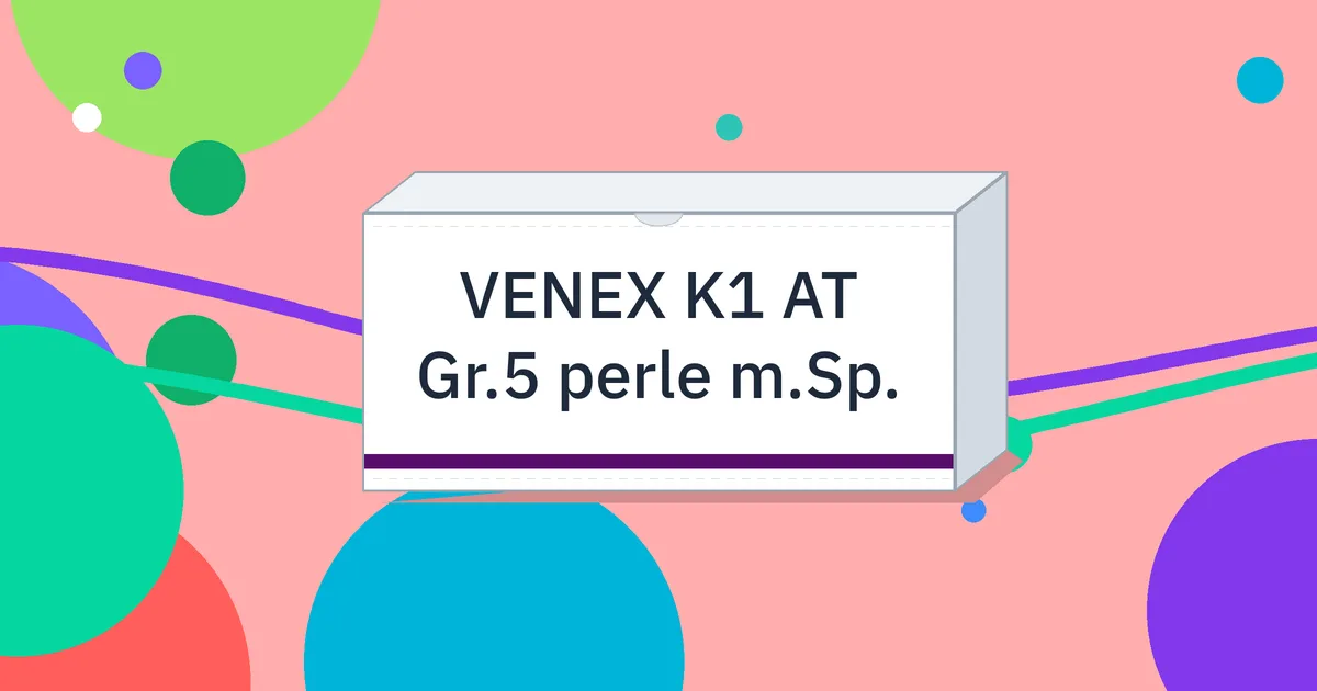 Symbolbild: Packung mit der Aufschrift VENEX K1 AT Gr.5 perle m.Sp. (PZN 03195375) – Verfügbarkeit und Bezug in Apotheken in Frankfurt am Main
