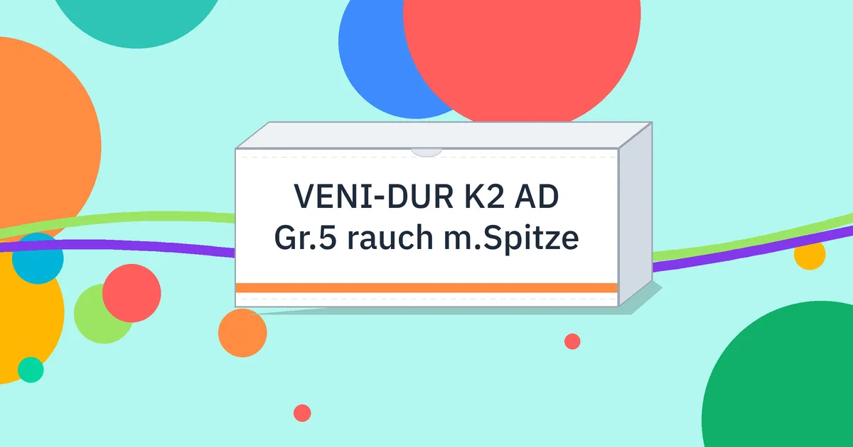 Symbolbild: Packung mit der Aufschrift VENI-DUR K2 AD Gr.5 rauch m.Spitze (PZN 08681212) – Verfügbarkeit und Bezug in Apotheken in Frankfurt am Main