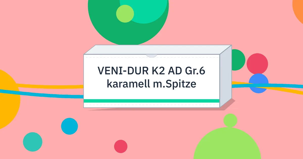 Symbolbild: Packung mit der Aufschrift VENI-DUR K2 AD Gr.6 karamell m.Spitze (PZN 13756225) – Verfügbarkeit und Bezug in Apotheken in Frankfurt am Main