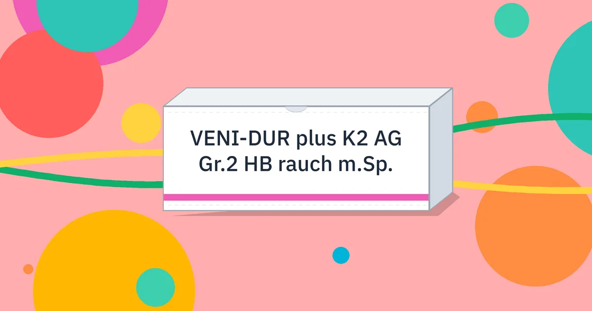 Symbolbild: Packung mit der Aufschrift VENI-DUR plus K2 AG Gr.2 HB rauch m.Sp. (PZN 03254729) – Verfügbarkeit und Bezug in Apotheken in Frankfurt am Main