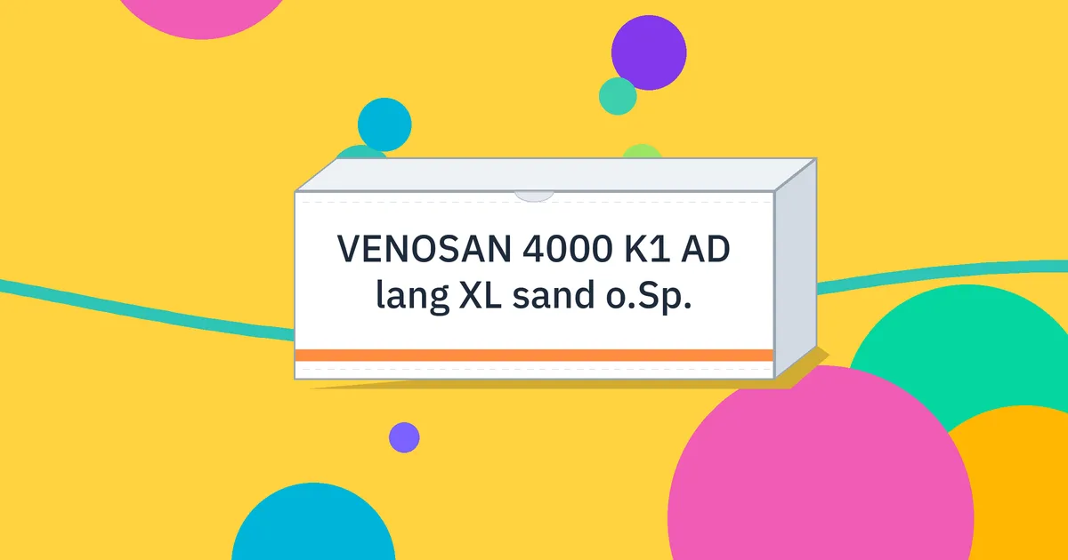 Symbolbild: Packung mit der Aufschrift VENOSAN 4000 K1 AD lang XL sand o.Sp. (PZN 14421768) – Verfügbarkeit und Bezug in Apotheken in Frankfurt am Main