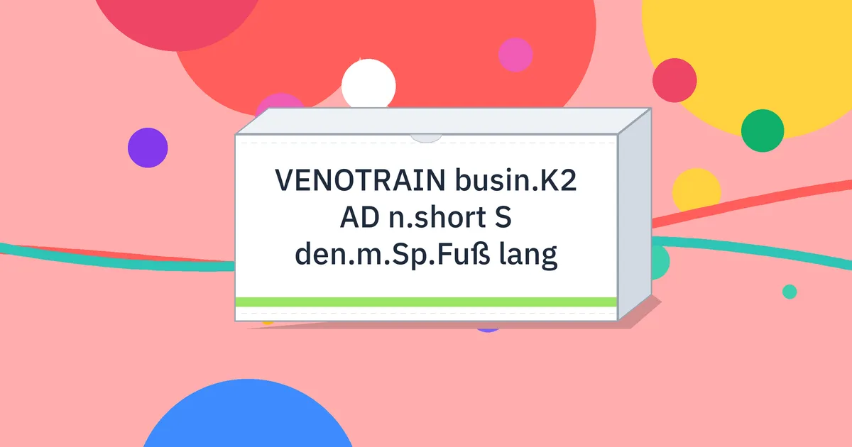 Symbolbild: Packung mit der Aufschrift VENOTRAIN busin.K2 AD n.short S den.m.Sp.Fuß lang (PZN 19056931) – Verfügbarkeit und Bezug in Apotheken in Frankfurt am Main