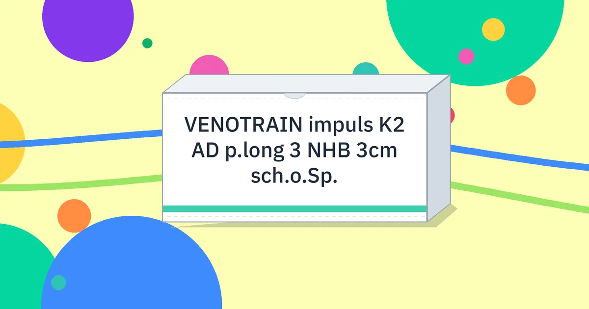 Symbolbild: Packung mit der Aufschrift VENOTRAIN impuls K2 AD p.long 3 NHB 3cm sch.o.Sp. (PZN 00656812) – Verfügbarkeit und Bezug in Apotheken in Frankfurt am Main