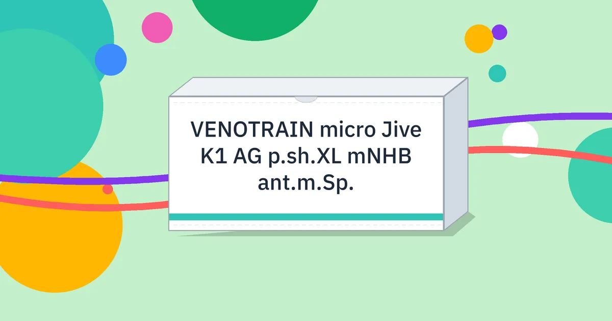 Symbolbild: Packung mit der Aufschrift VENOTRAIN micro Jive K1 AG p.sh.XL mNHB ant.m.Sp. (PZN 17761105) – Verfügbarkeit und Bezug in Apotheken in Frankfurt am Main