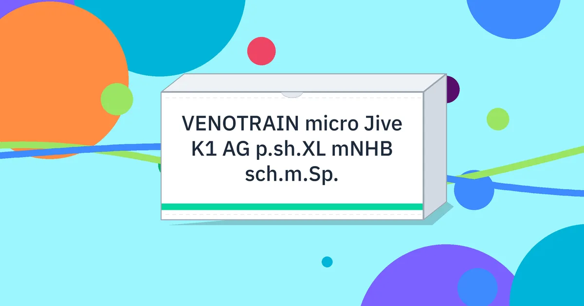 Symbolbild: Packung mit der Aufschrift VENOTRAIN micro Jive K1 AG p.sh.XL mNHB sch.m.Sp. (PZN 17762659) – Verfügbarkeit und Bezug in Apotheken in Frankfurt am Main