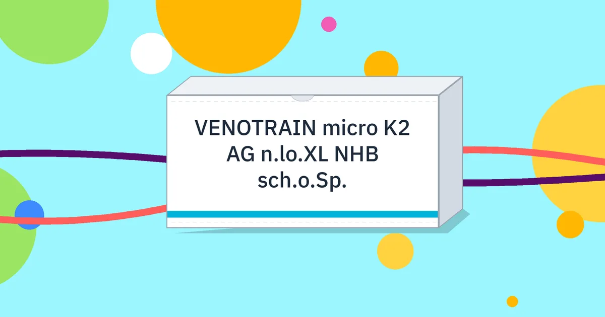 Symbolbild: Packung mit der Aufschrift VENOTRAIN micro K2 AG n.lo.XL NHB sch.o.Sp. (PZN 02380751) – Verfügbarkeit und Bezug in Apotheken in Frankfurt am Main