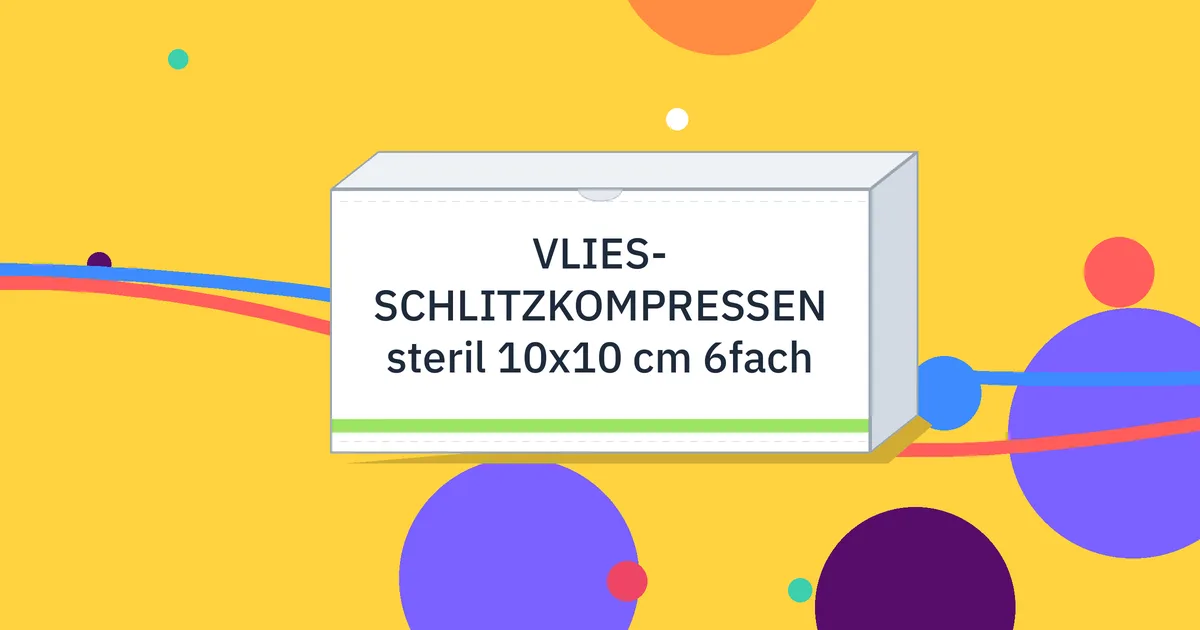 Symbolbild: Packung mit der Aufschrift VLIES-SCHLITZKOMPRESSEN steril 10x10 cm 6fach (PZN 01280177) – Verfügbarkeit und Bezug in Apotheken in Frankfurt am Main