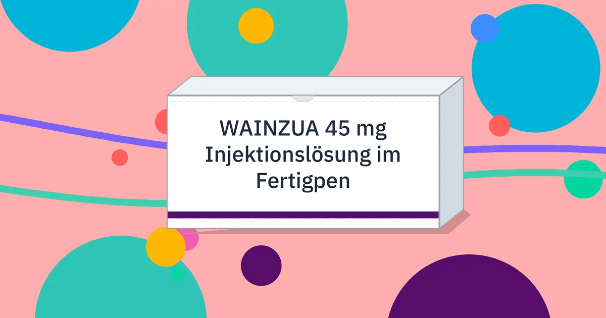 Symbolbild: Packung mit der Aufschrift WAINZUA 45 mg Injektionslösung im Fertigpen (PZN 19462720) – Verfügbarkeit und Bezug in Apotheken in Frankfurt am Main