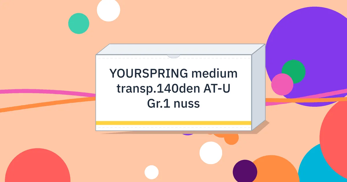 Symbolbild: Packung mit der Aufschrift YOURSPRING medium transp.140den AT-U Gr.1 nuss (PZN 18057495) – Verfügbarkeit und Bezug in Apotheken in Frankfurt am Main