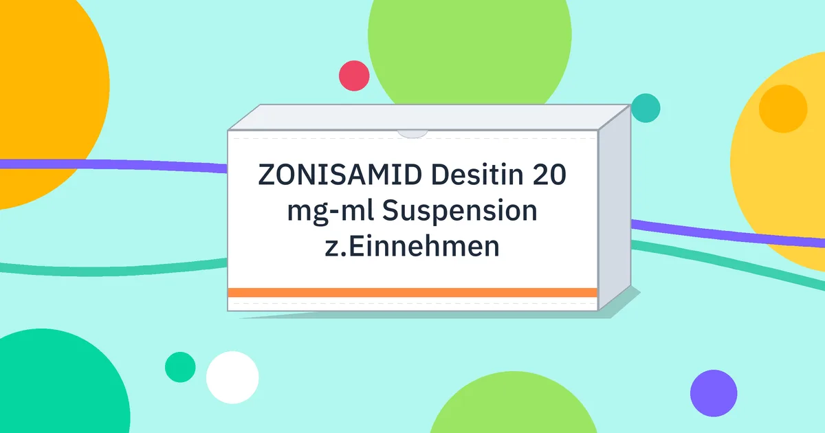 Symbolbild: Packung mit der Aufschrift ZONISAMID Desitin 20 mg-ml Suspension z.Einnehmen (PZN 19844539) – Verfügbarkeit und Bezug in Apotheken in Frankfurt am Main