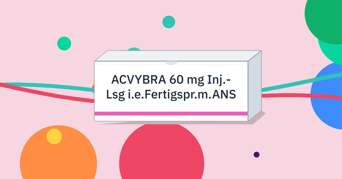 Symbolbild: Packung mit der Aufschrift ACVYBRA 60 mg Inj.-Lsg i.e.Fertigspr.m.ANS (PZN 19922618) – Verfügbarkeit und Bezug in Apotheken in Frankfurt am Main