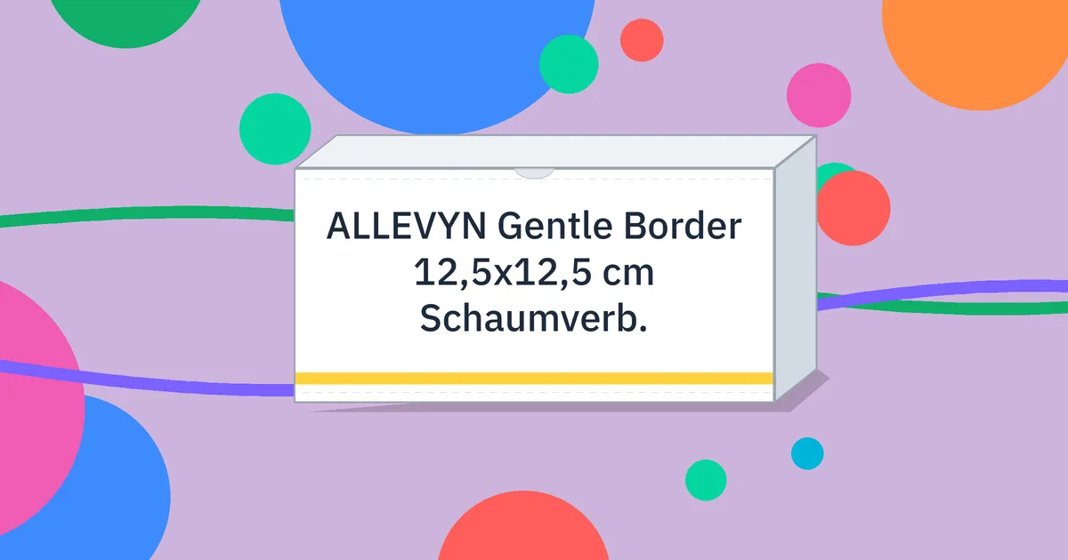 Symbolbild: Packung mit der Aufschrift ALLEVYN Gentle Border 12,5x12,5 cm Schaumverb. (PZN 15419012) – Verfügbarkeit und Bezug in Apotheken in Frankfurt am Main