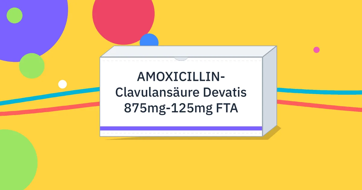 Symbolbild: Packung mit der Aufschrift AMOXICILLIN-Clavulansäure Devatis 875mg-125mg FTA (PZN 17867022) – Verfügbarkeit und Bezug in Apotheken in Frankfurt am Main